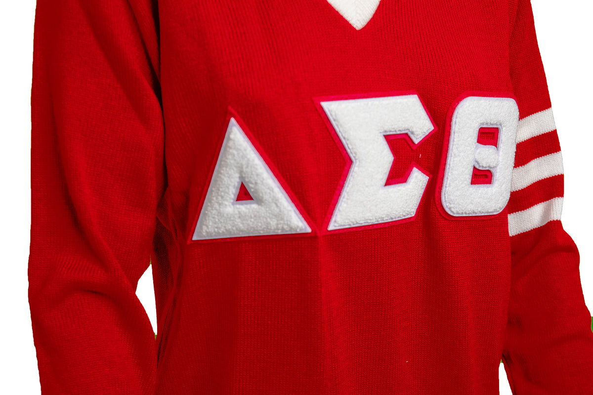 Delta Vneck Sweater with White Chenille Letters – Buy1913.com